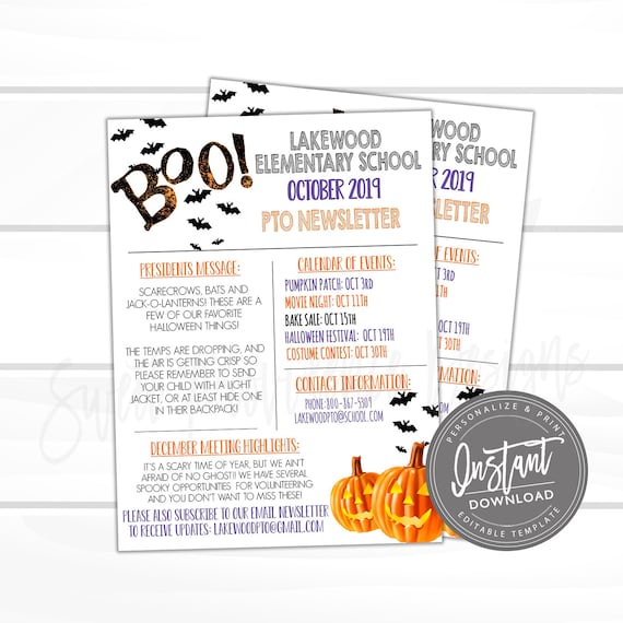 Editable PTO Newsletter, PTO PTA Halloween Flyer template, P.T.O ...