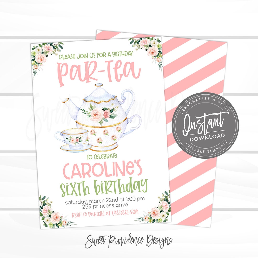 Tea Birthday Party Invitation, Kids Birthday Par-tea Invite, Pink ...