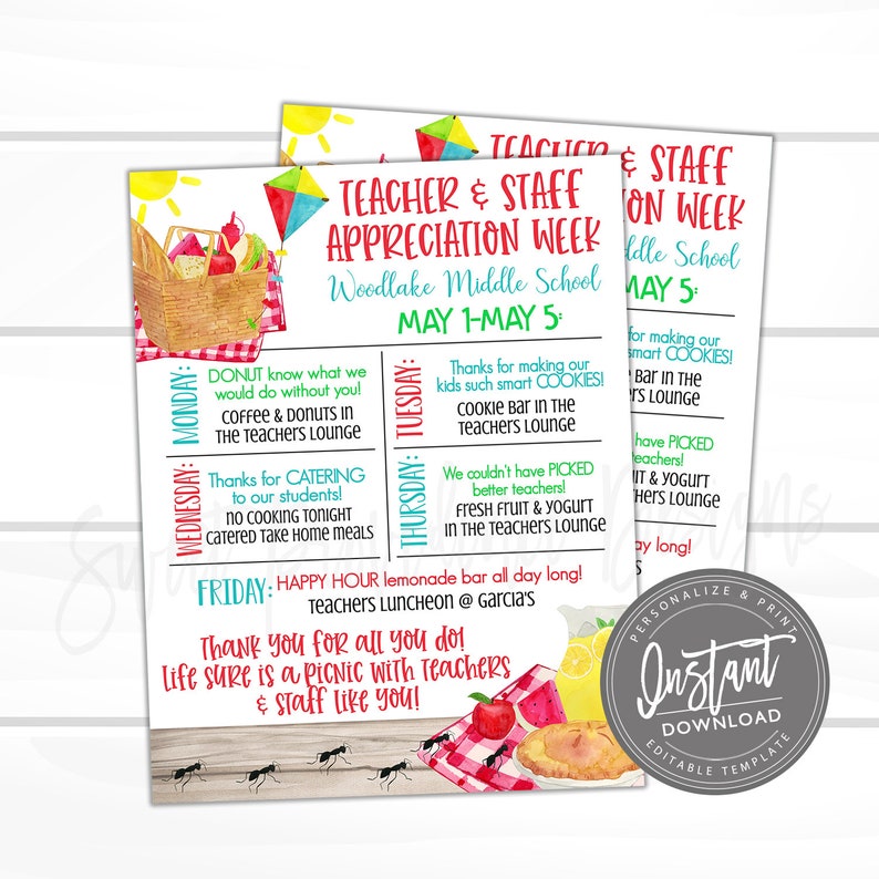 EDITABLE Teacher Appreciation Week Itinerary Printable - Etsy