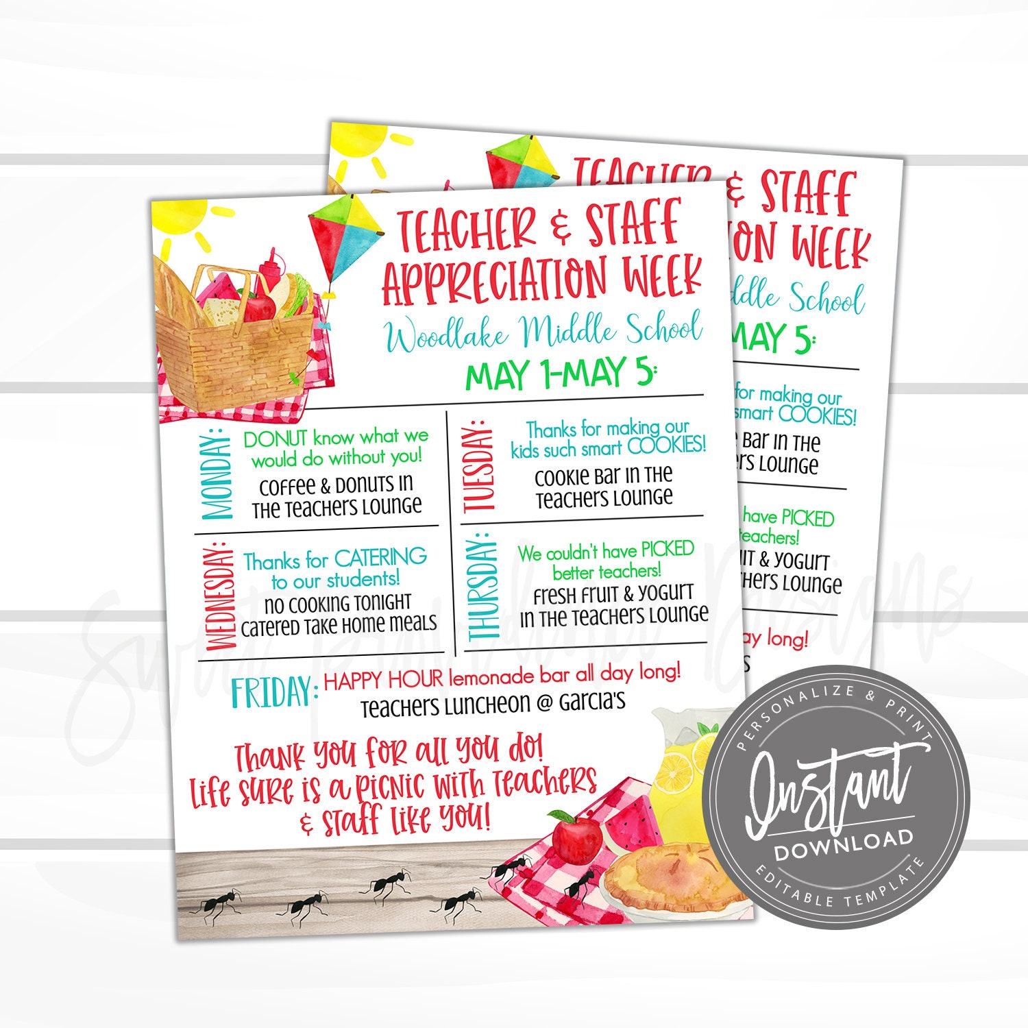 EDITABLE Teacher Appreciation Week Itinerary, Printable Digital File ...