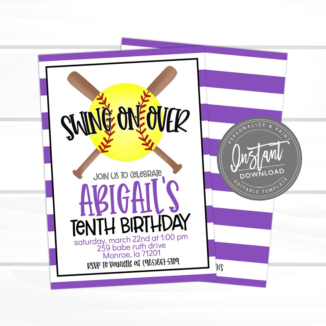 Softball Birthday Party Invitation, Pool Party, Editable Softball Team ...