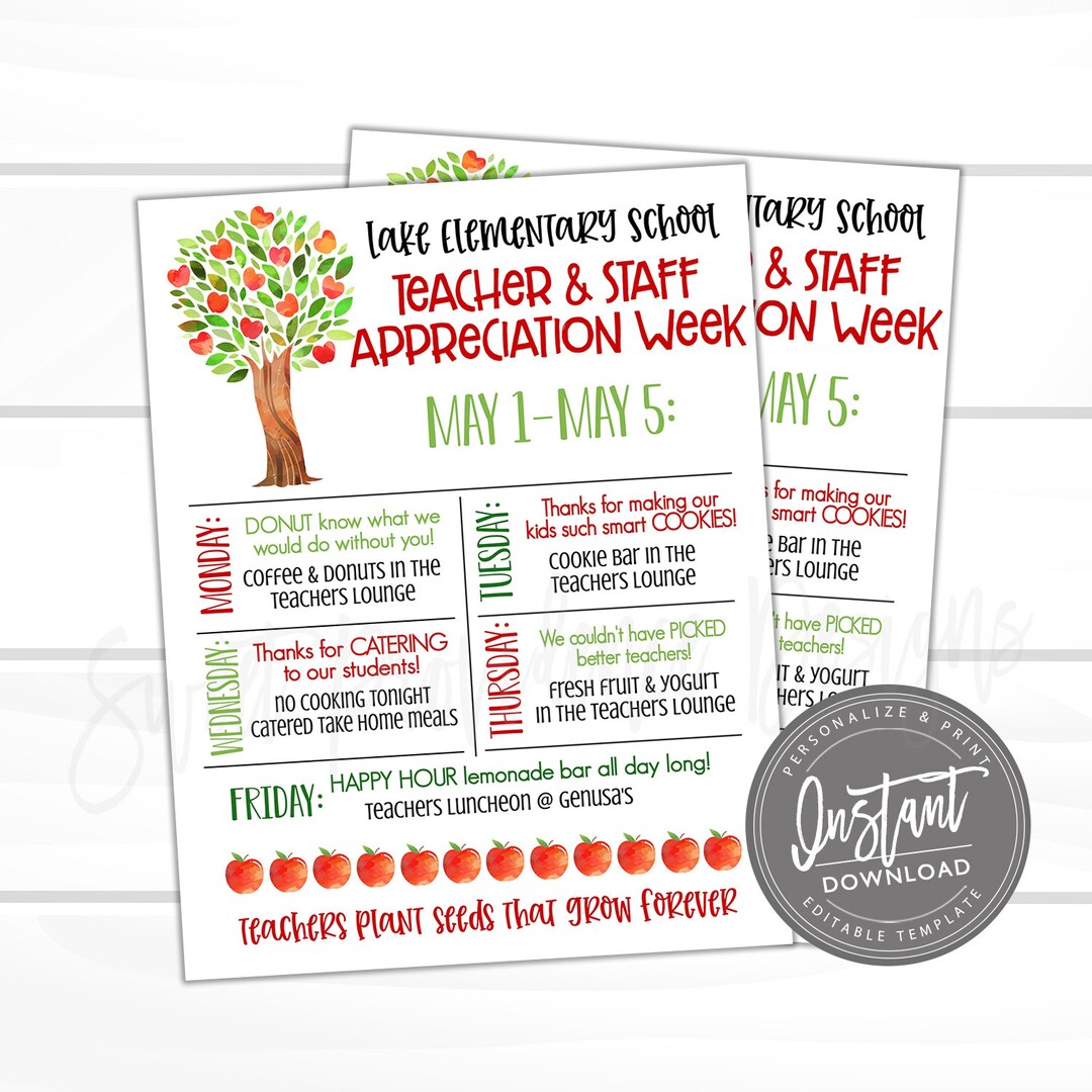 EDITABLE Teacher Appreciation Week Itinerary, Printable Digital File ...