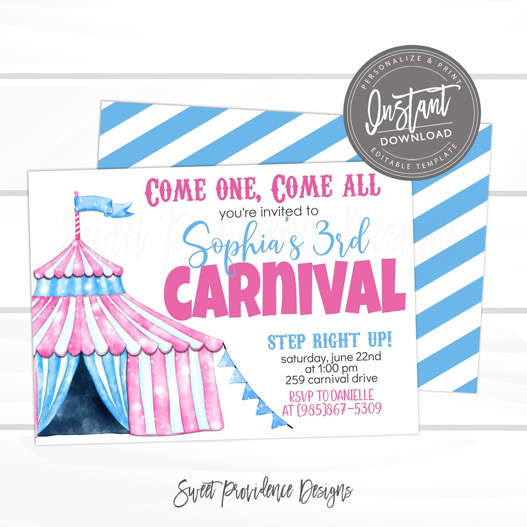 Carnival Invitations, Pink Carnival Theme Party, Girl Circus Birthday ...