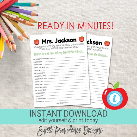 Teacher Wish list Questionnaire, Printable Teacher's Favorite Things ...