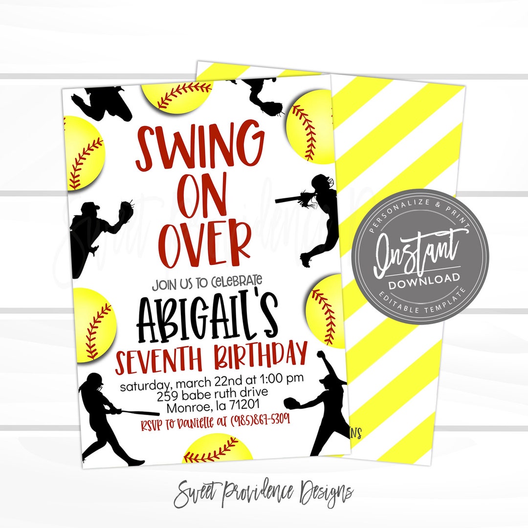 Softball Birthday Invitation, Pool Party, Editable Softball Team Party ...
