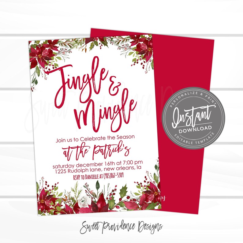 Christmas Party Invitation Template Editable Red Floral - Etsy