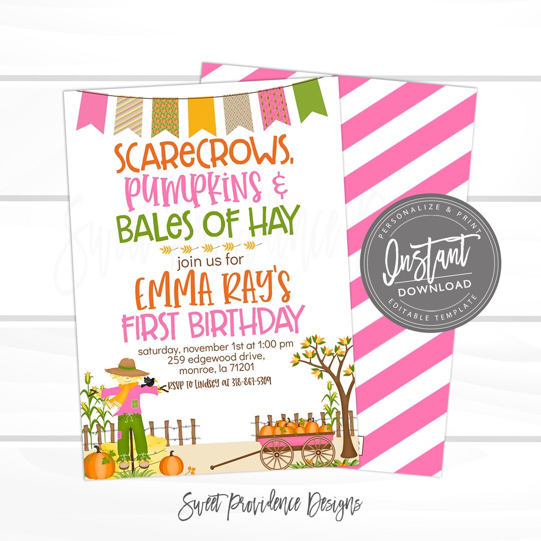 Fall First Birthday Invite, Scarecrow Birthday Invitation, Scarecrows ...