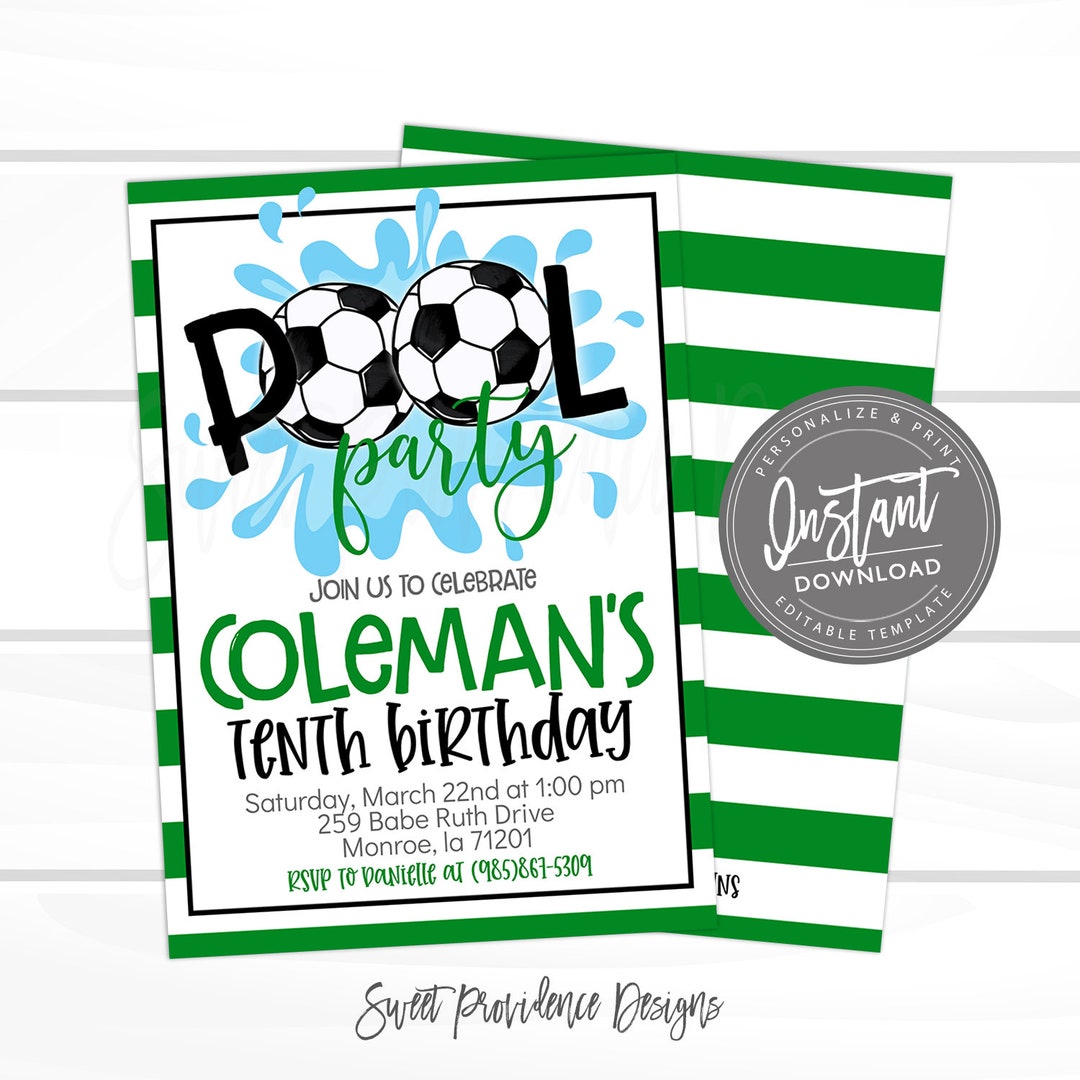 Soccer Birthday Invitation, Pool Party, Editable Soccer Team Party, Boy ...
