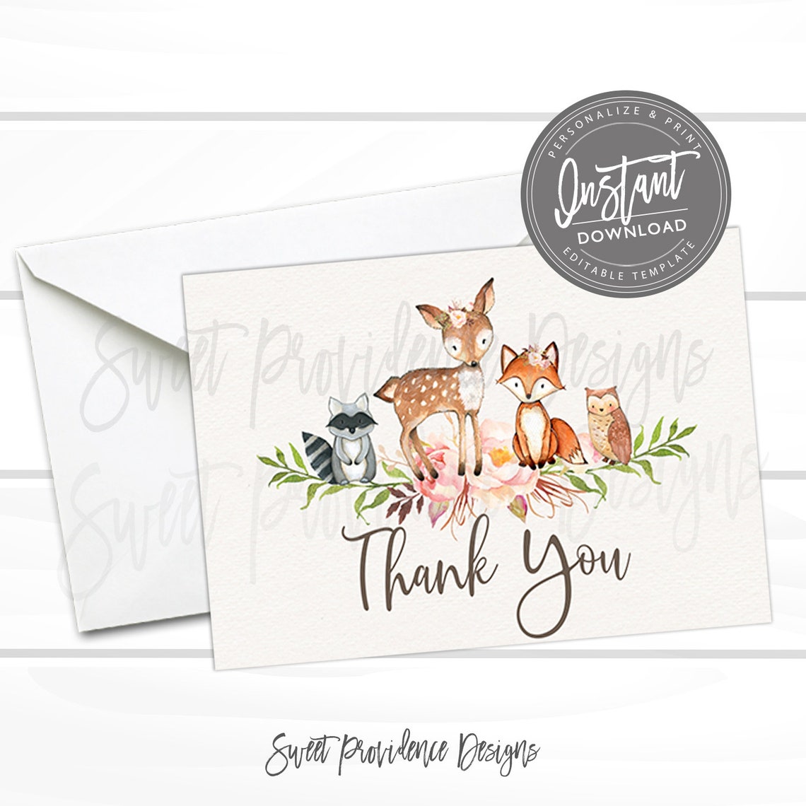 Thank You Card Woodland Animals Floral Thank You Card | Etsy
