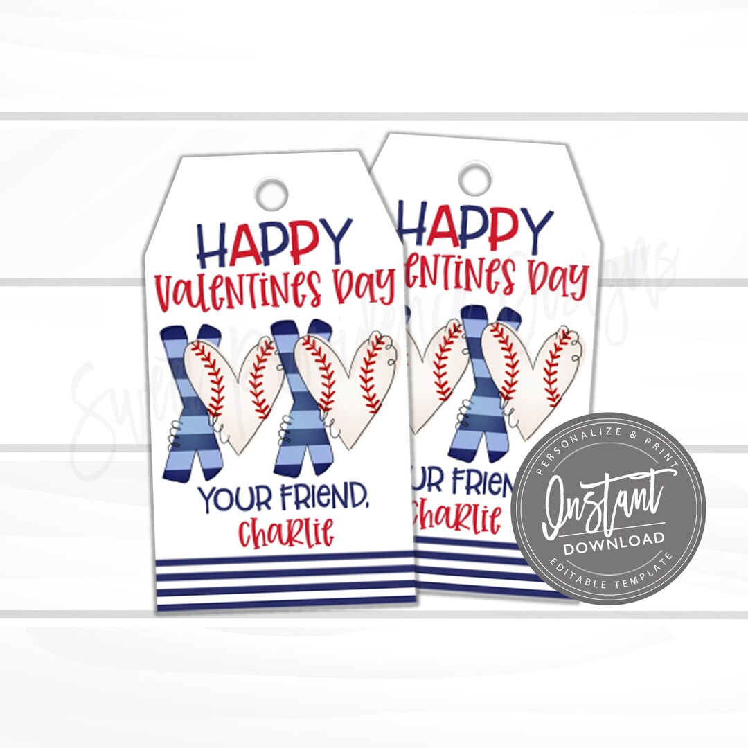 Baseball Valentine Card, Printable Baseball Favor Tag, Sports Valentine ...