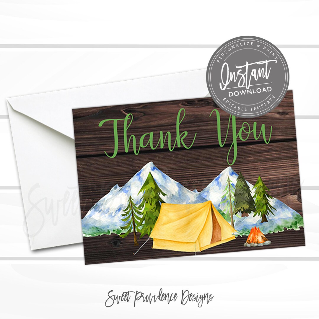 Thank You Card, Adventure Awaits, Camping Thank You Cards, Editable ...