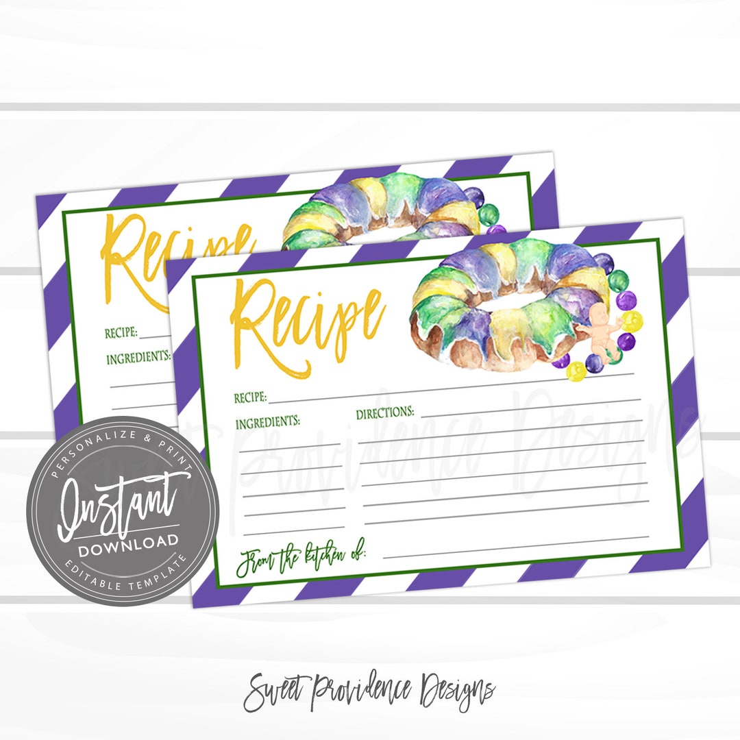 Mardi Gras Recipe Card, Editable King Cake Recipe Card Template, King ...