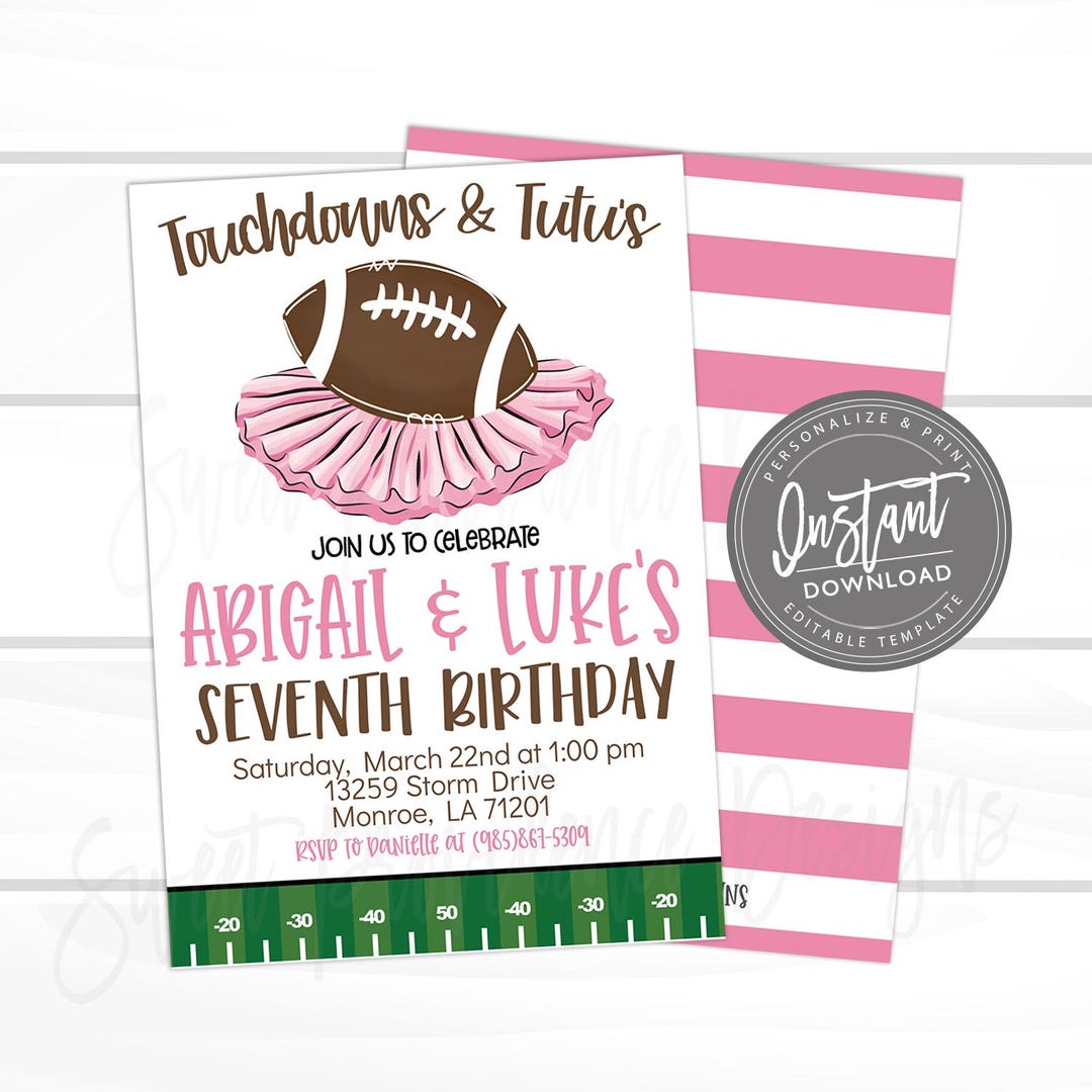 Touchdown's and Tutu's Double Birthday Invitation, Editable Double ...