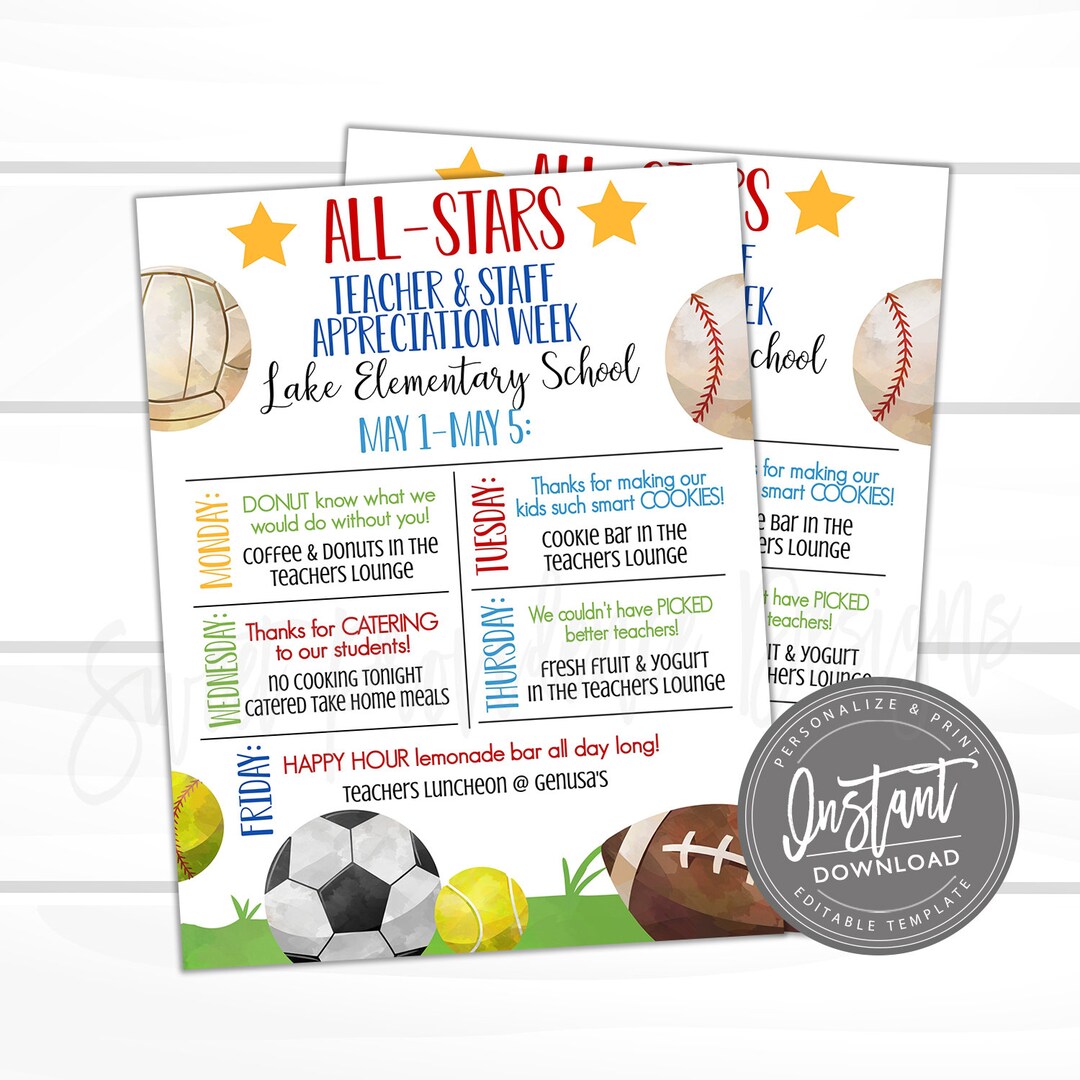 EDITABLE Teacher Appreciation Week Itinerary, Printable Digital File ...