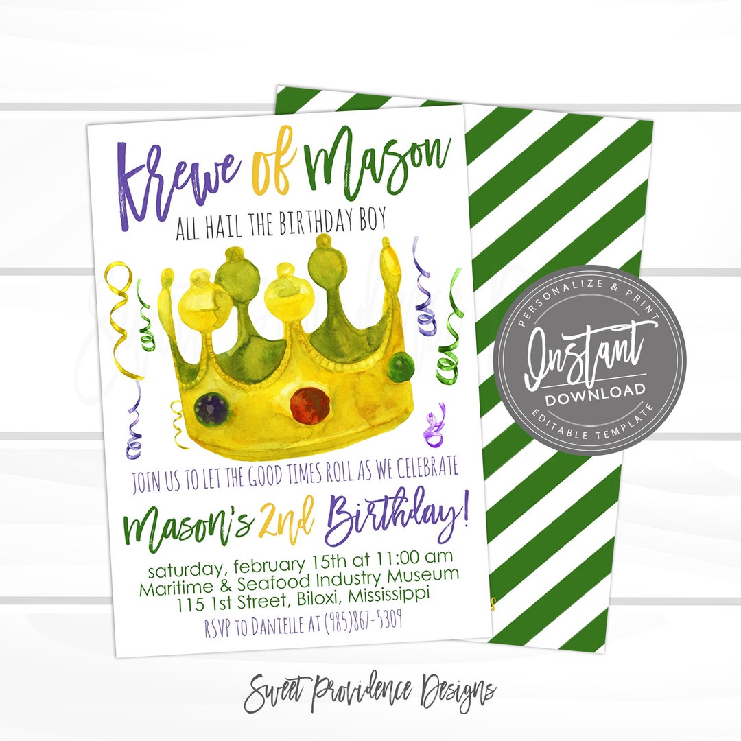 Mardi Gras Birthday Invitation, Boy Crown Invite, King Cake Party, Any ...