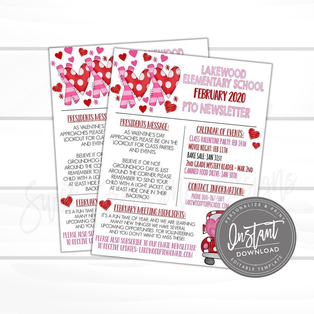 Editable PTO Newsletter, PTO PTA Valentine's Day Flyer Template, P.T.O ...