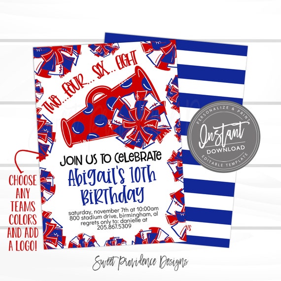 Cheer Birthday Invitation, Editable Cheerleader tailgate game time ...