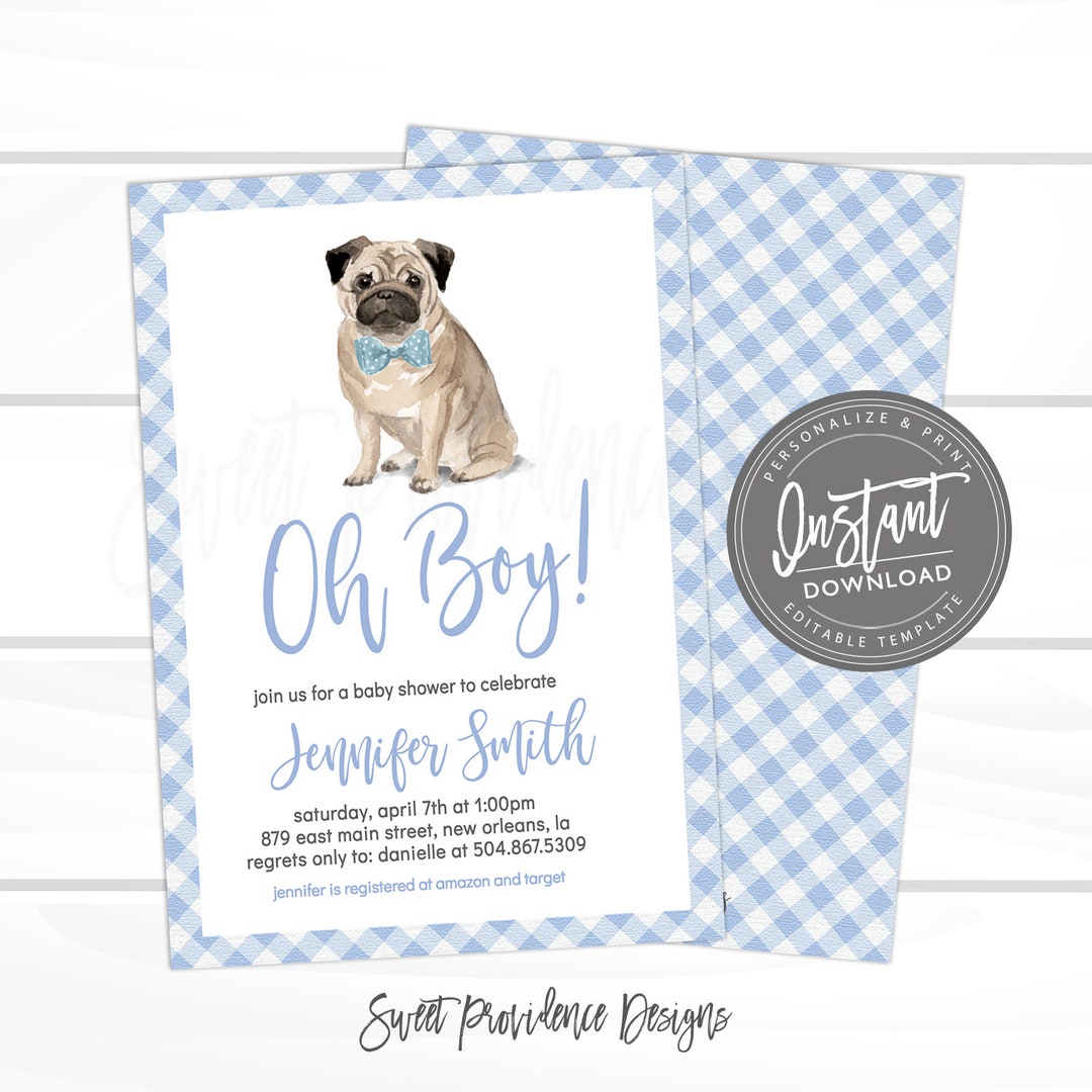Dog Baby Shower Invitation, Oh Boy Invitation, Blue Boy Gingham Dog ...