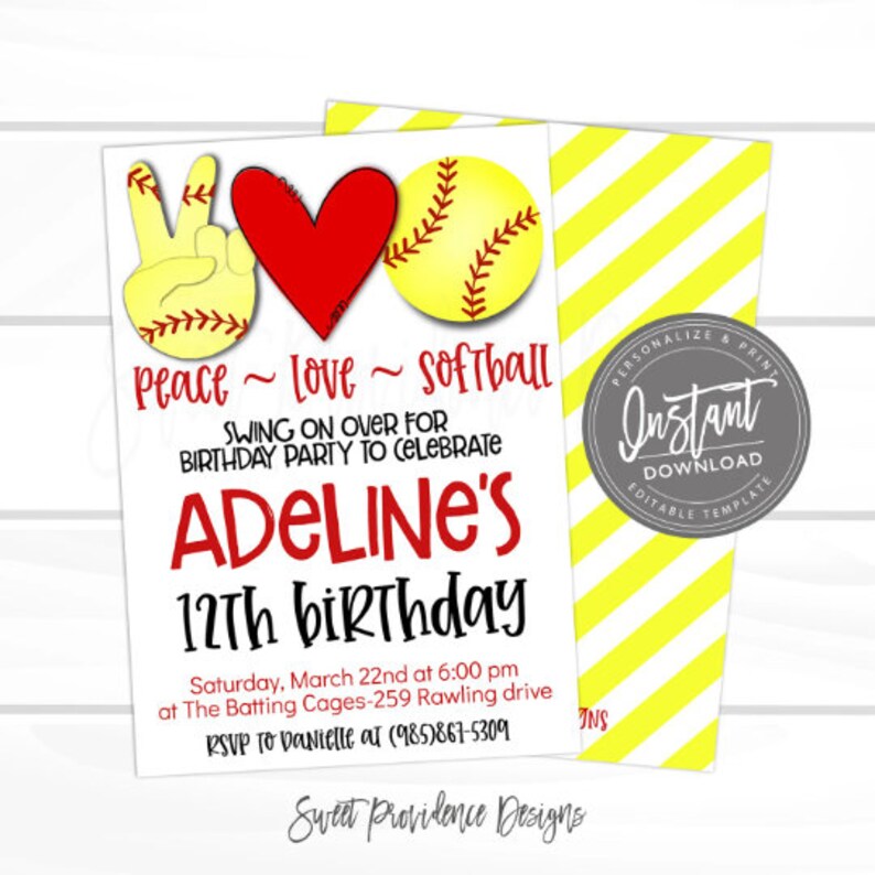 Softball Birthday Invitation Peace Love Softball Editable - Etsy