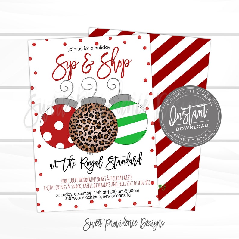 Christmas Flyer, Editable Ornament Sip & Shop Holiday Boutique Invite ...