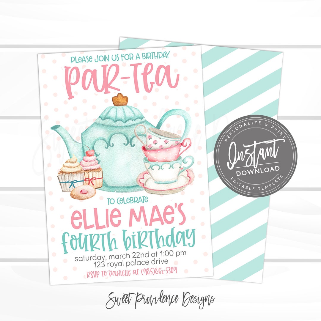 Tea Party Birthday Invitation, Kids Birthday Virtual Par-tea Invite ...