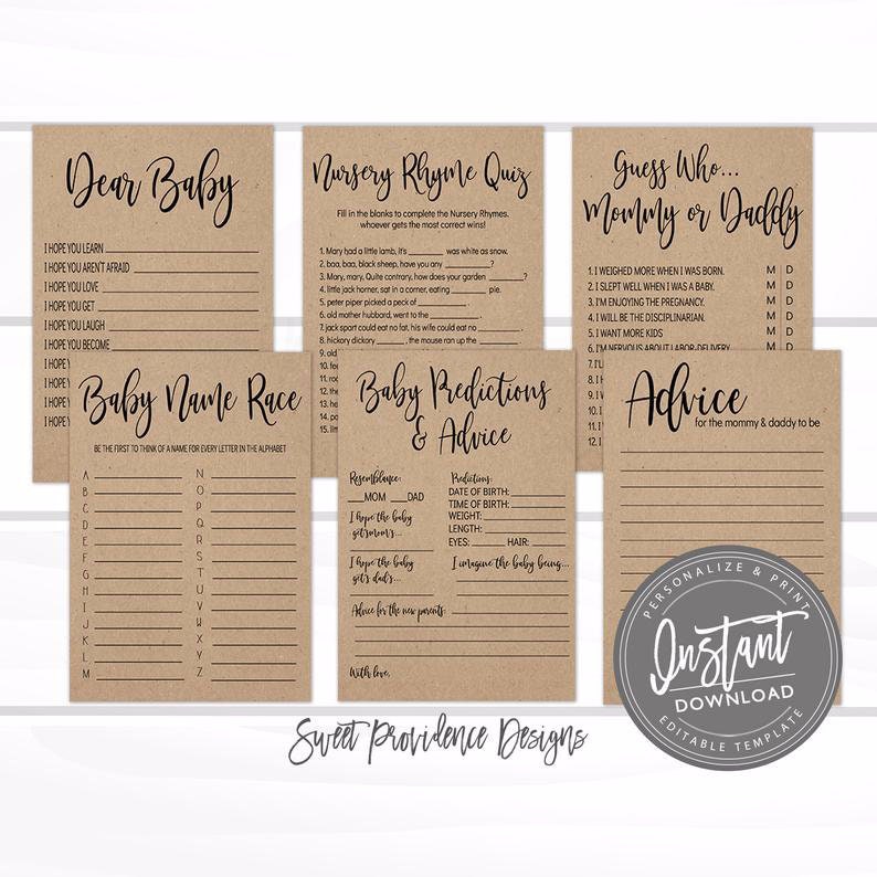 Baby Shower Games Template Pack Printable Kraft Rustic Shower | Etsy