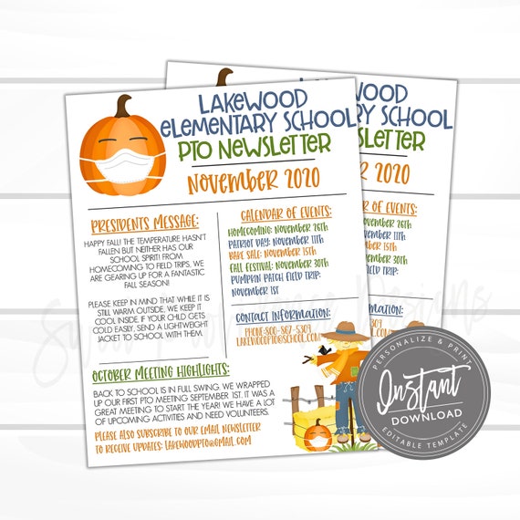 Editable Newsletter template, School Fall Pumpkin Flyer Social ...