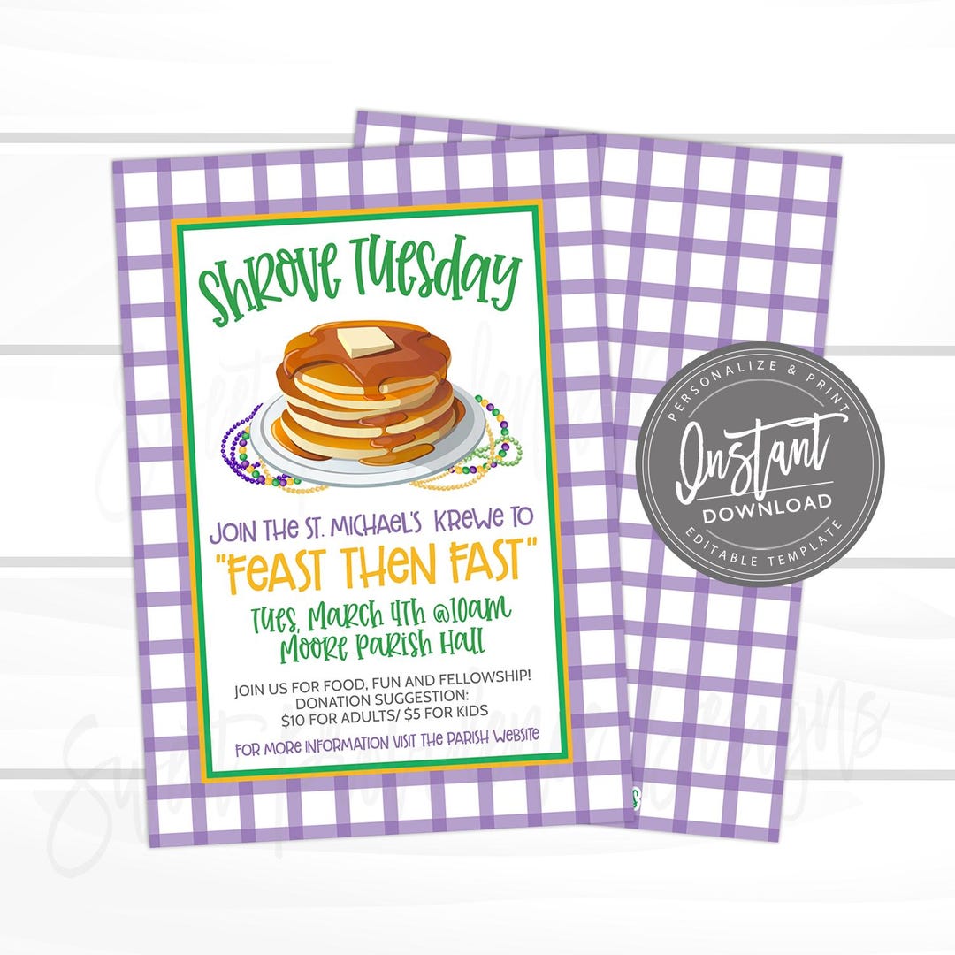 Shrove Tuesday Invitation, Mardi Gras, Pancake Tuesday Flyer, Editable ...