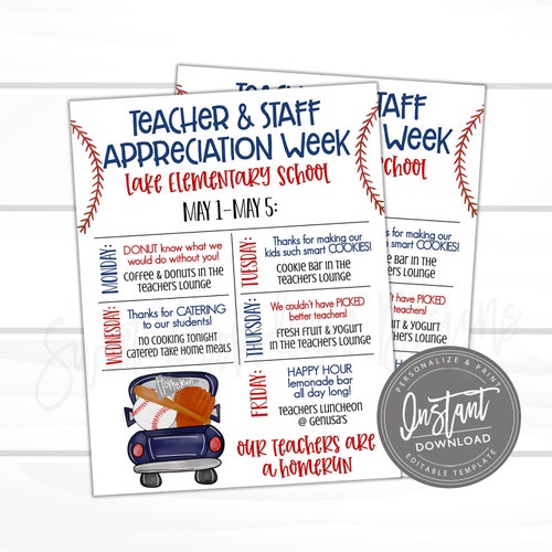 Editable Teacher and Staff Appreciation Week Itinerary - Etsy
