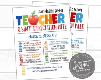 EDITABLE Teacher Appreciation Week Itinerary Printable | Etsy
