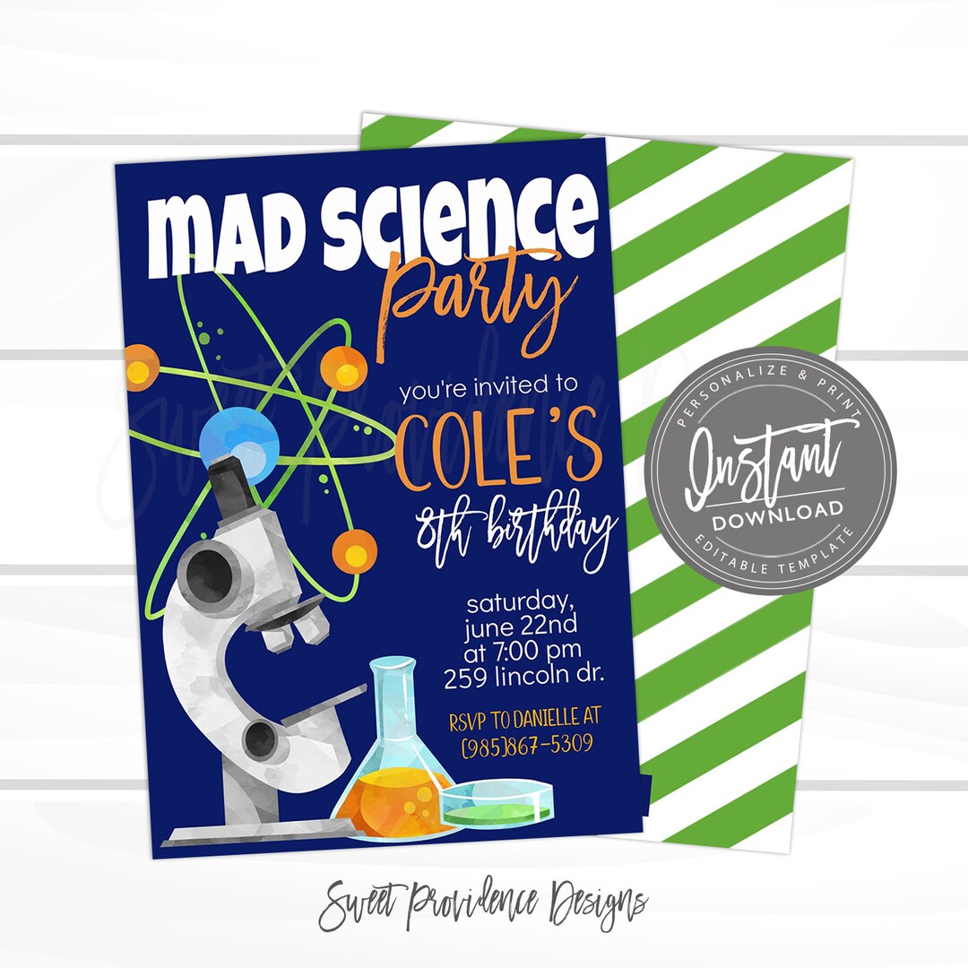 Science Party Invitation, Printable Mad Science Birthday Invite ...