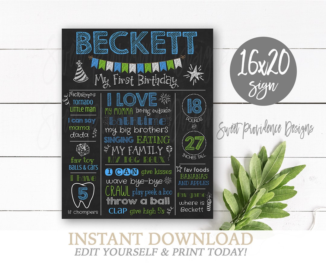 First Birthday Chalkboard, Blue Green 1st Birthday Stats Chalkboard ...
