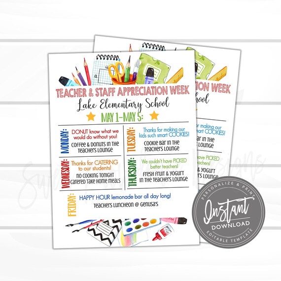 EDITABLE Teacher Appreciation Week Itinerary, Printable Digital File ...