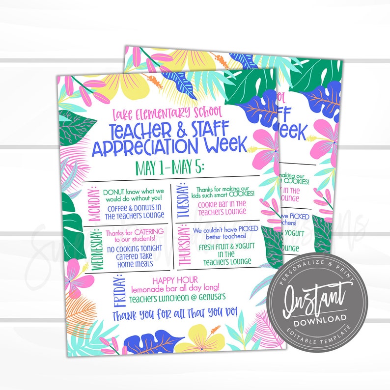 EDITABLE Teacher Appreciation Week Itinerary Printable - Etsy