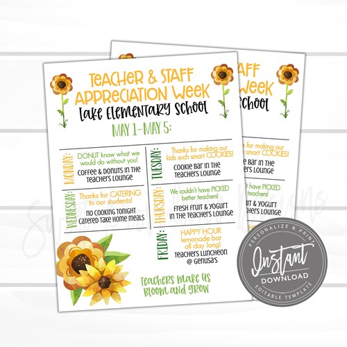 EDITABLE Teacher Appreciation Week Itinerary Printable - Etsy