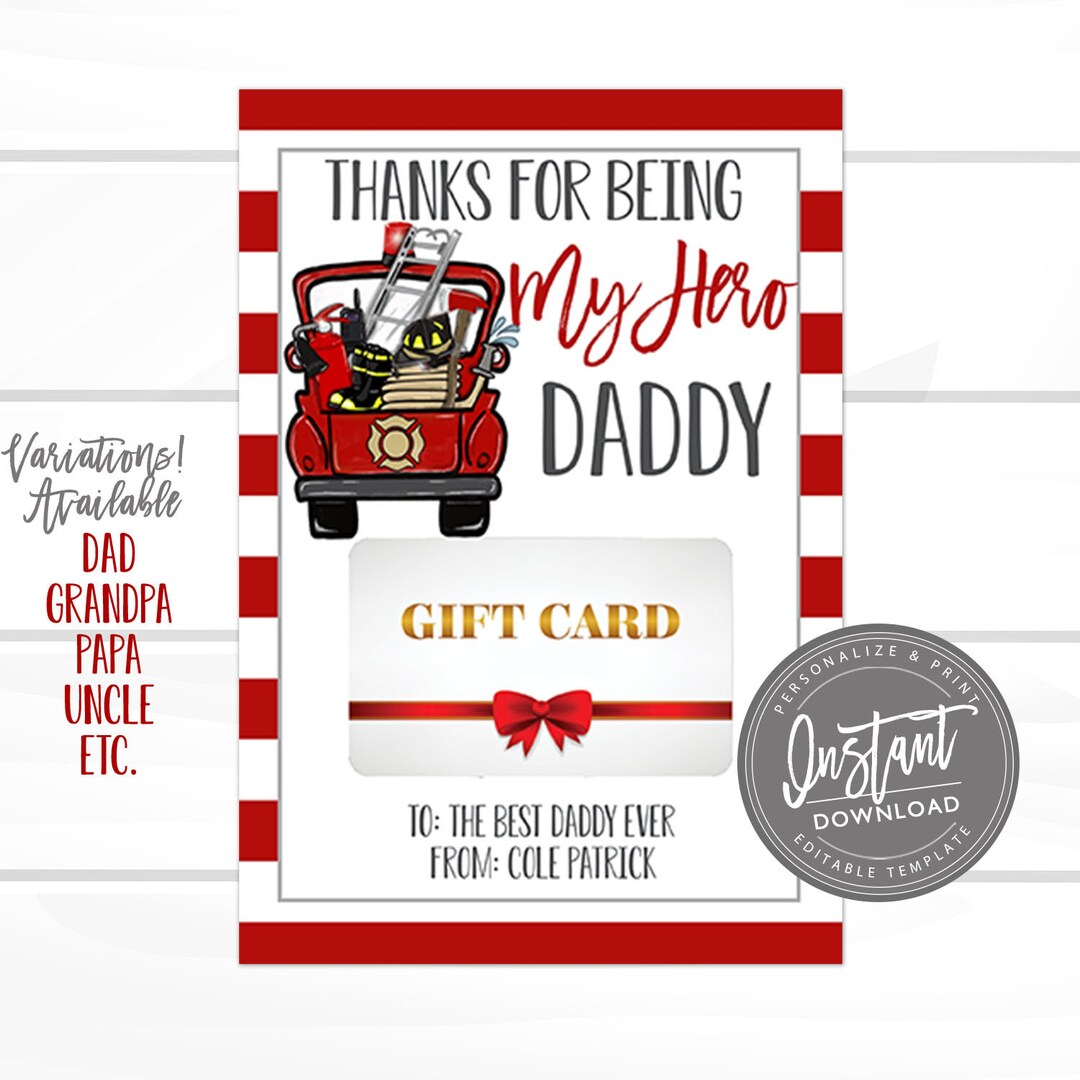 EDITABLE Fathers Day Gift Card Fireman Theme Gift Card - Etsy