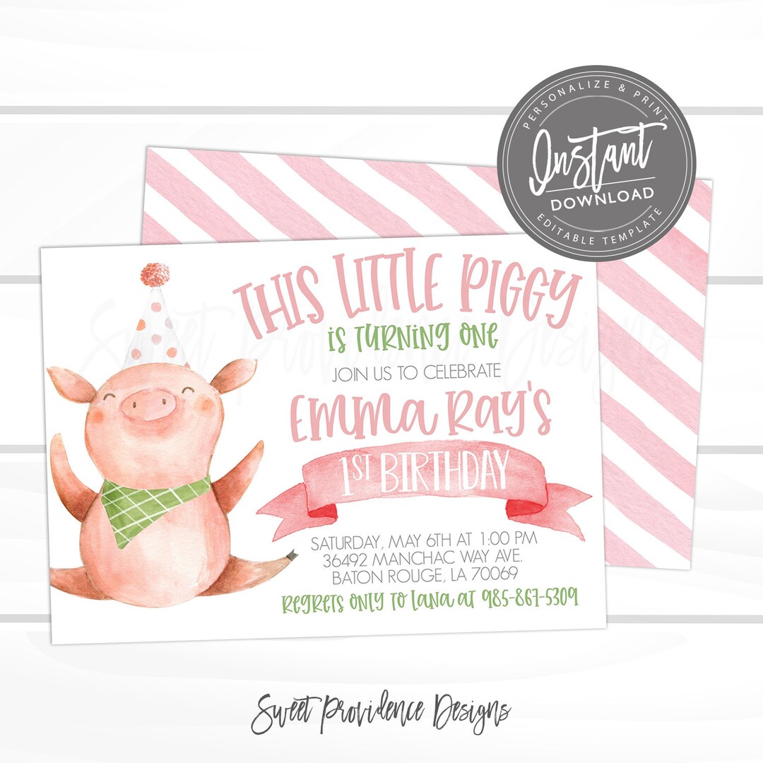 Farm Birthday Invitation, Editable Piggy Party, Girl Digital Invite ...