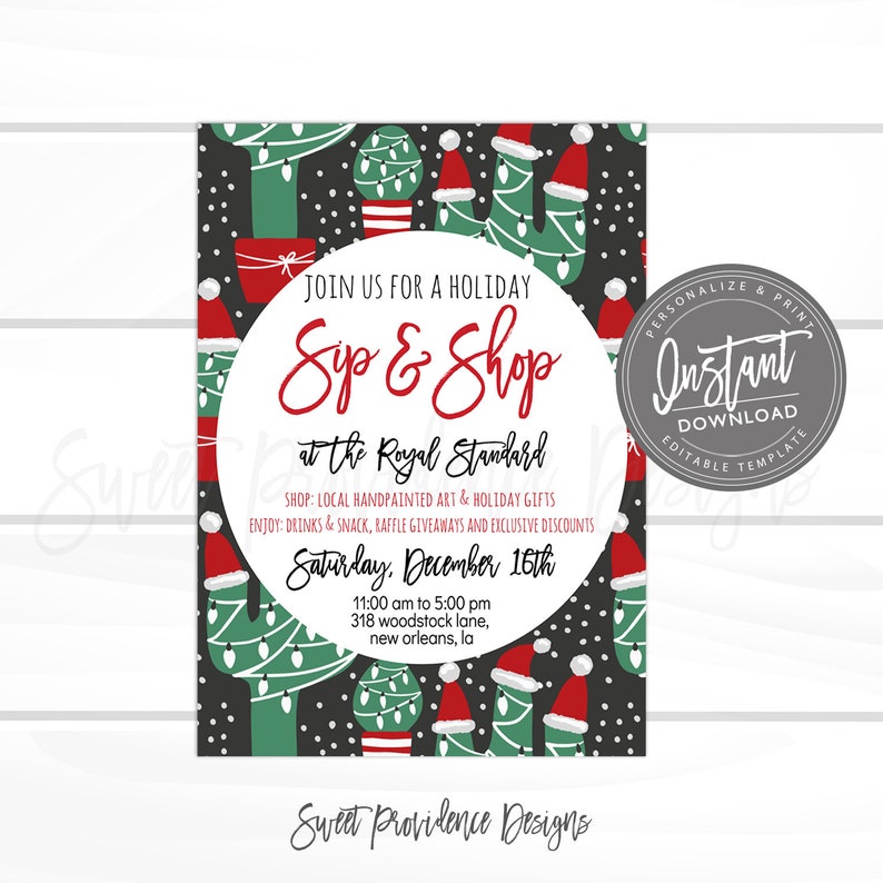 Christmas Flyer Editable Cactus Sip & Shop Holiday Boutique - Etsy