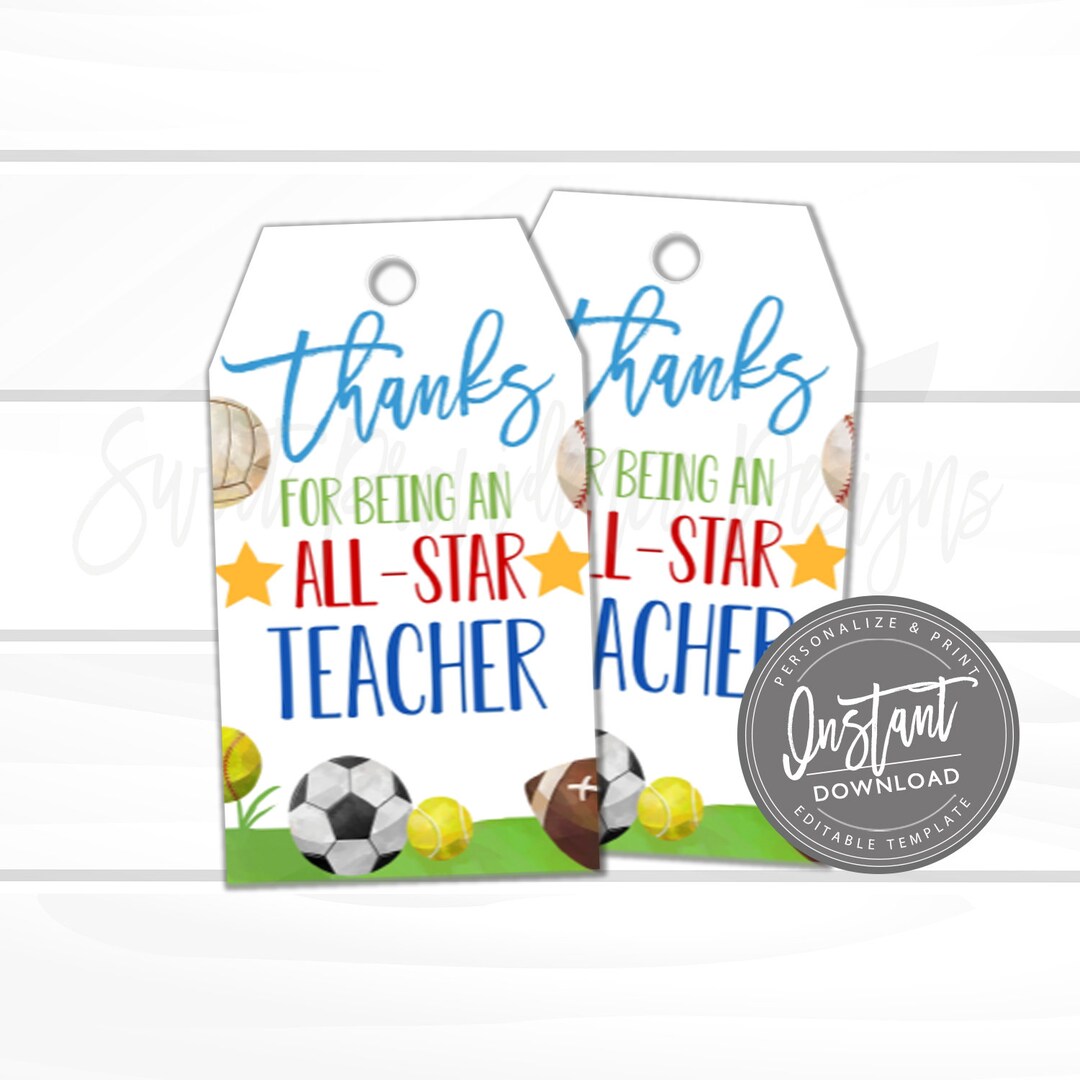EDITABLE Teacher Appreciation Tag, Thank You Sports Favor Tag Template ...