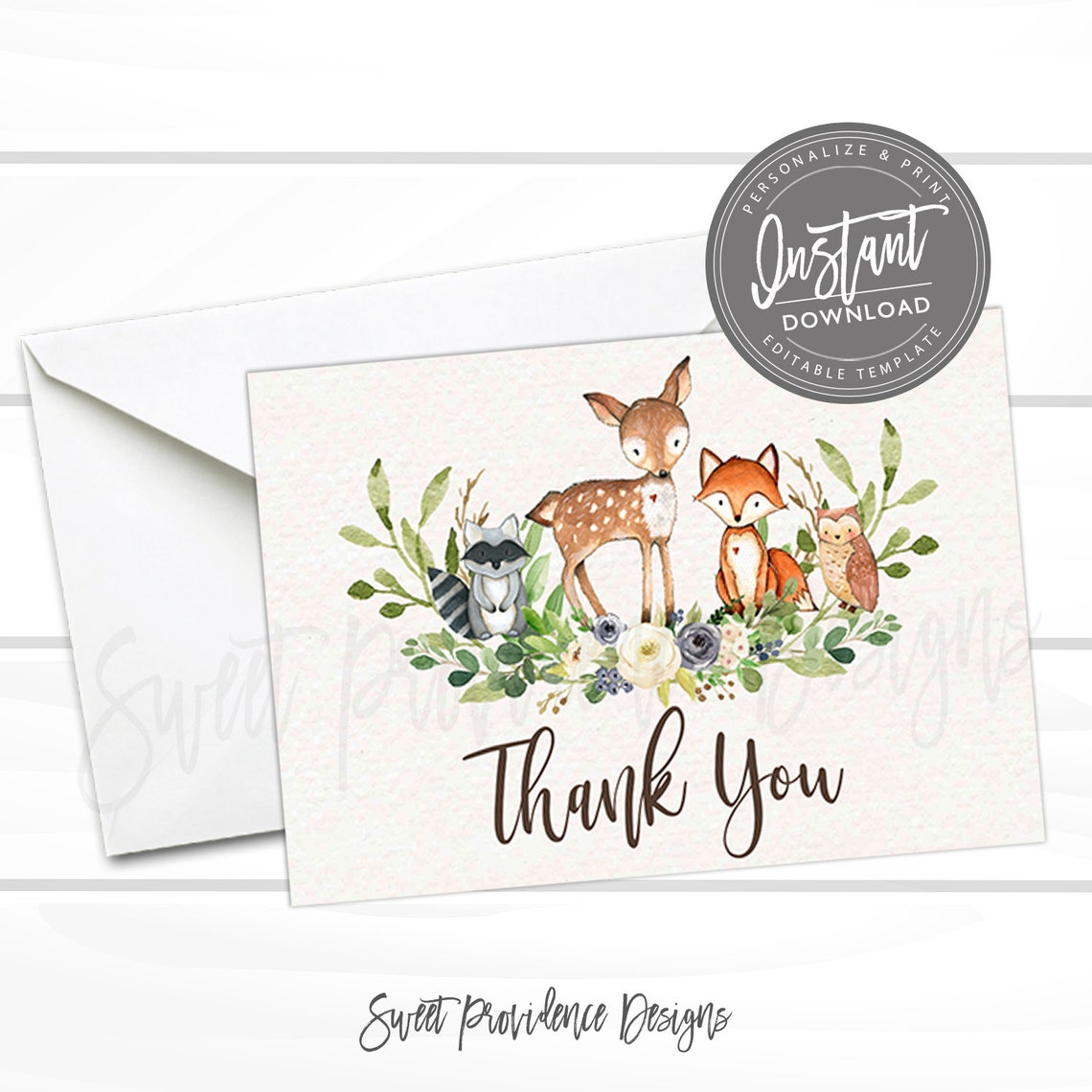 Woodland Thank You Card Woodland Animal Printable Thank You | Etsy