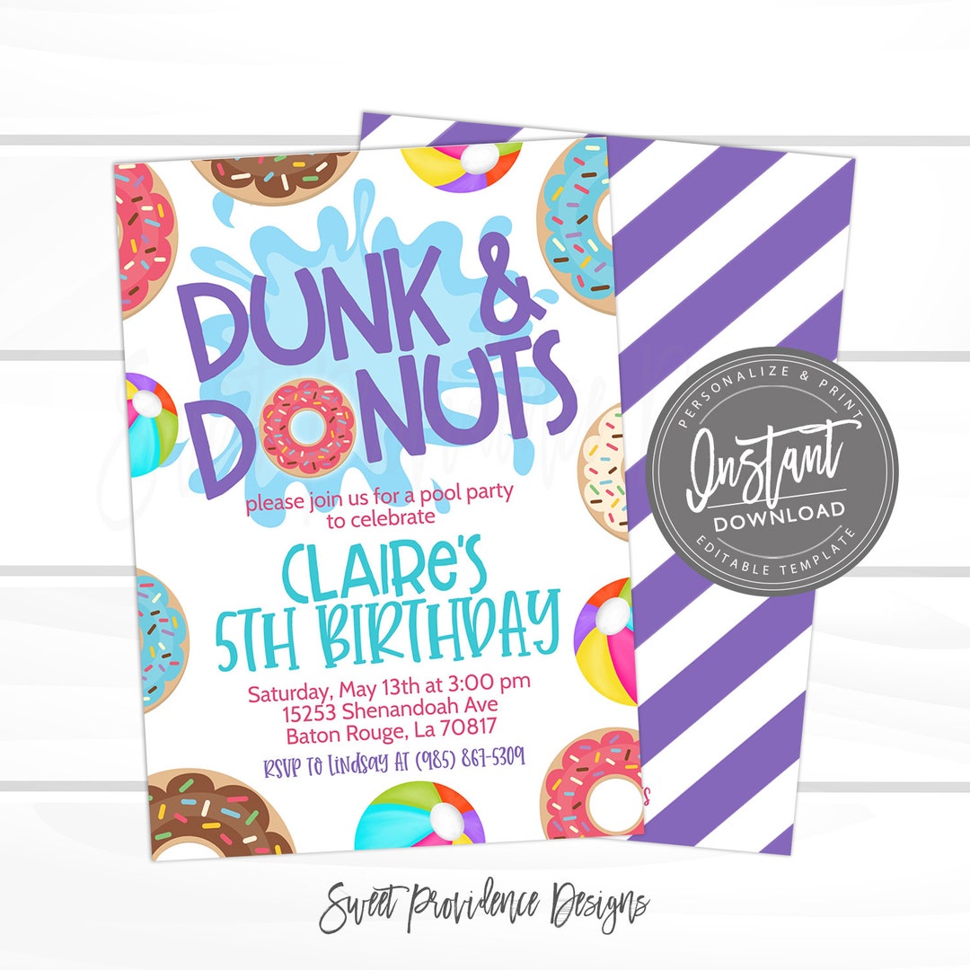 Donut Birthday Invitation, Dunk and Donuts Invite, Editable Pool ...