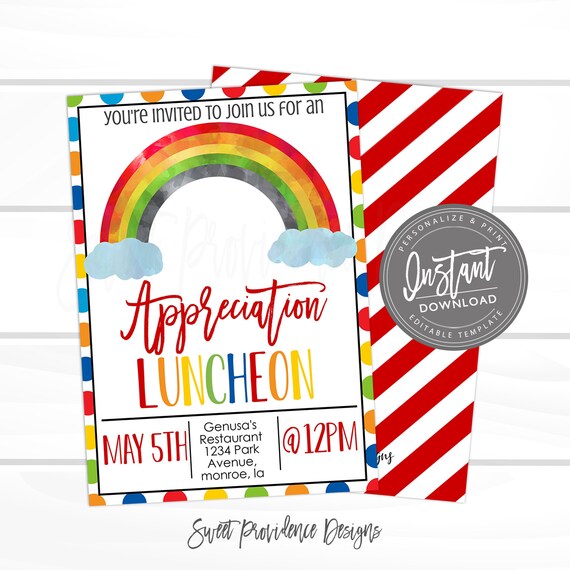 Teacher Appreciation Luncheon Invitation, Rainbow Teacher Luncheon, PTO ...