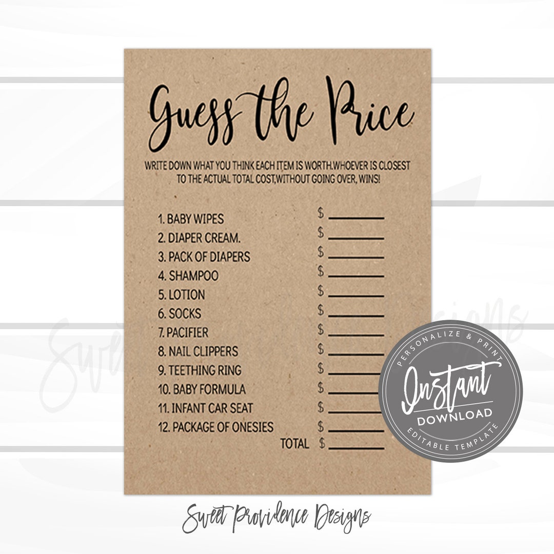 Printable Baby Shower Game, EDITABLE Kraft Guess the Price, Rustic Baby ...