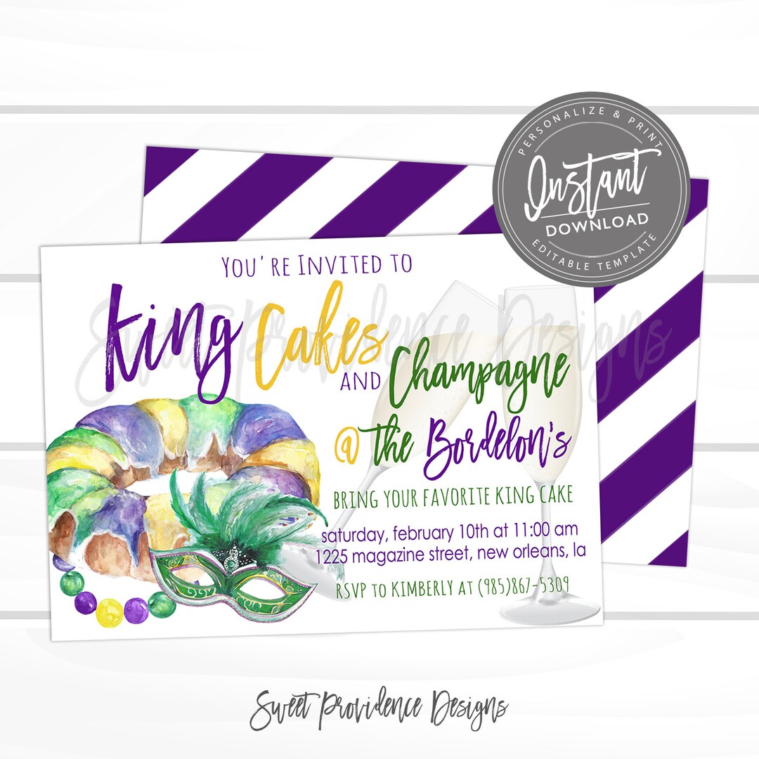 Mardi Gras King Cake Champagne Invitation, King Cake Tasting, Mardi ...