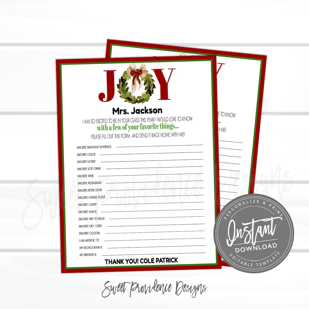 EDITABLE Teacher Survey, Printable Christmas Teacher's Favorite Things ...