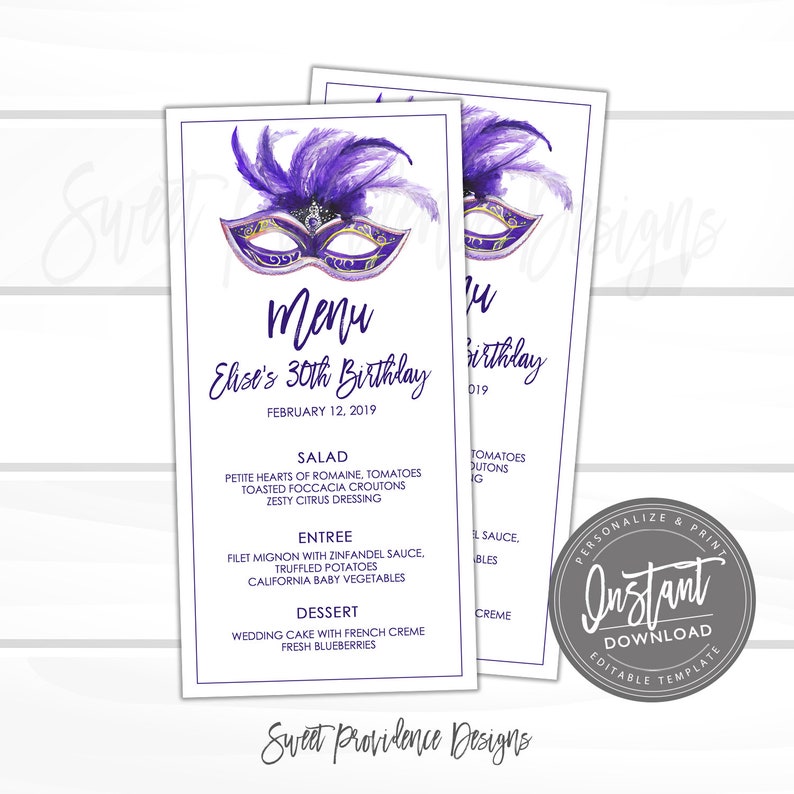 Mardi Gras Menu Card, Masquerade Ball Menu, Editable Mardi Gras Menu ...