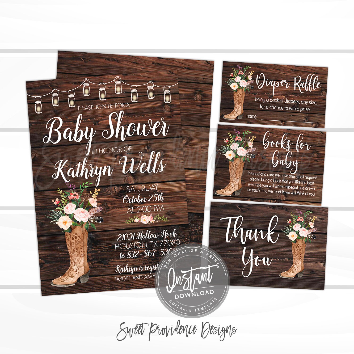 Rustic Baby shower Invitation Kit Floral Boots Watercolor | Etsy