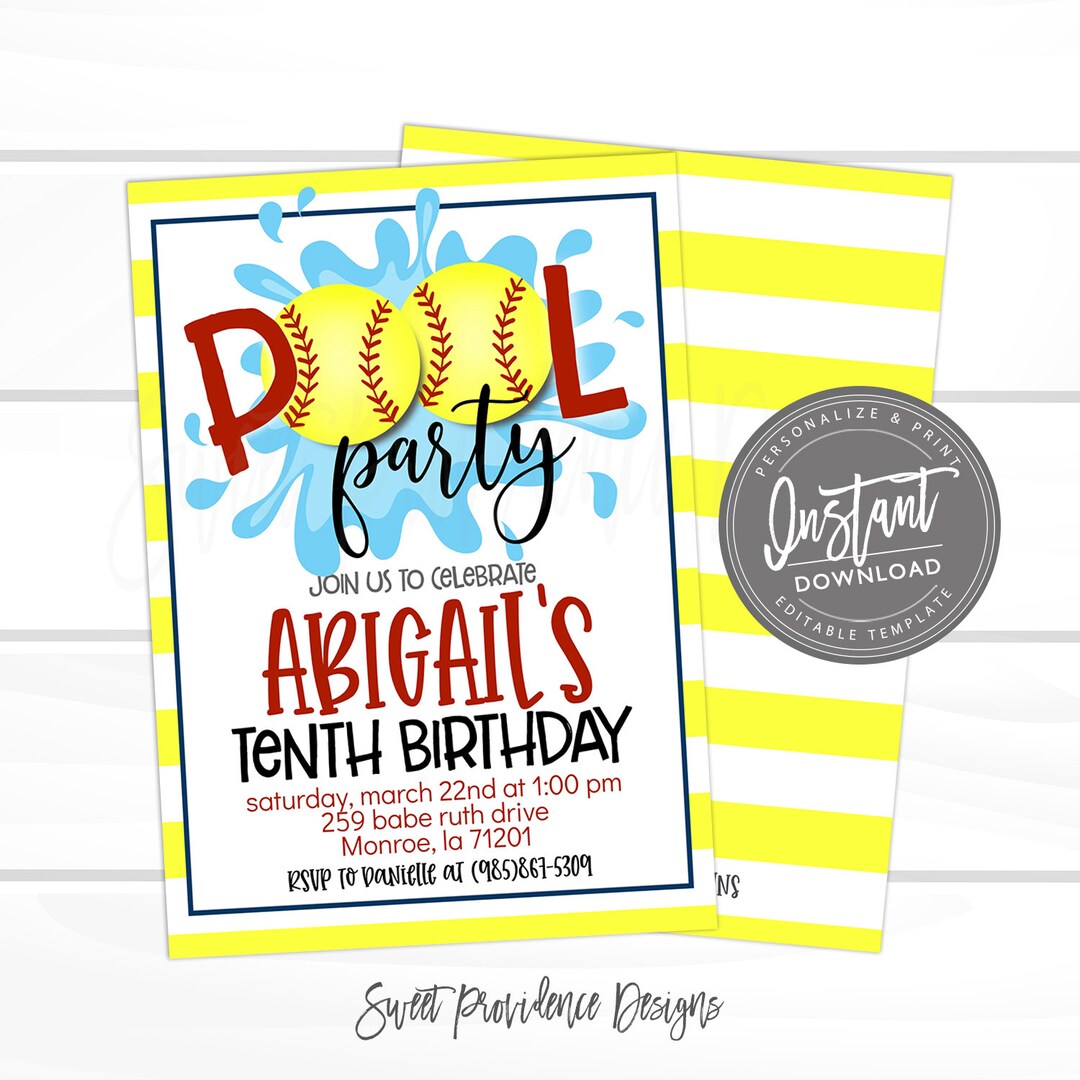 Softball Birthday Invitation, Pool Party, Editable Softball Team Party ...