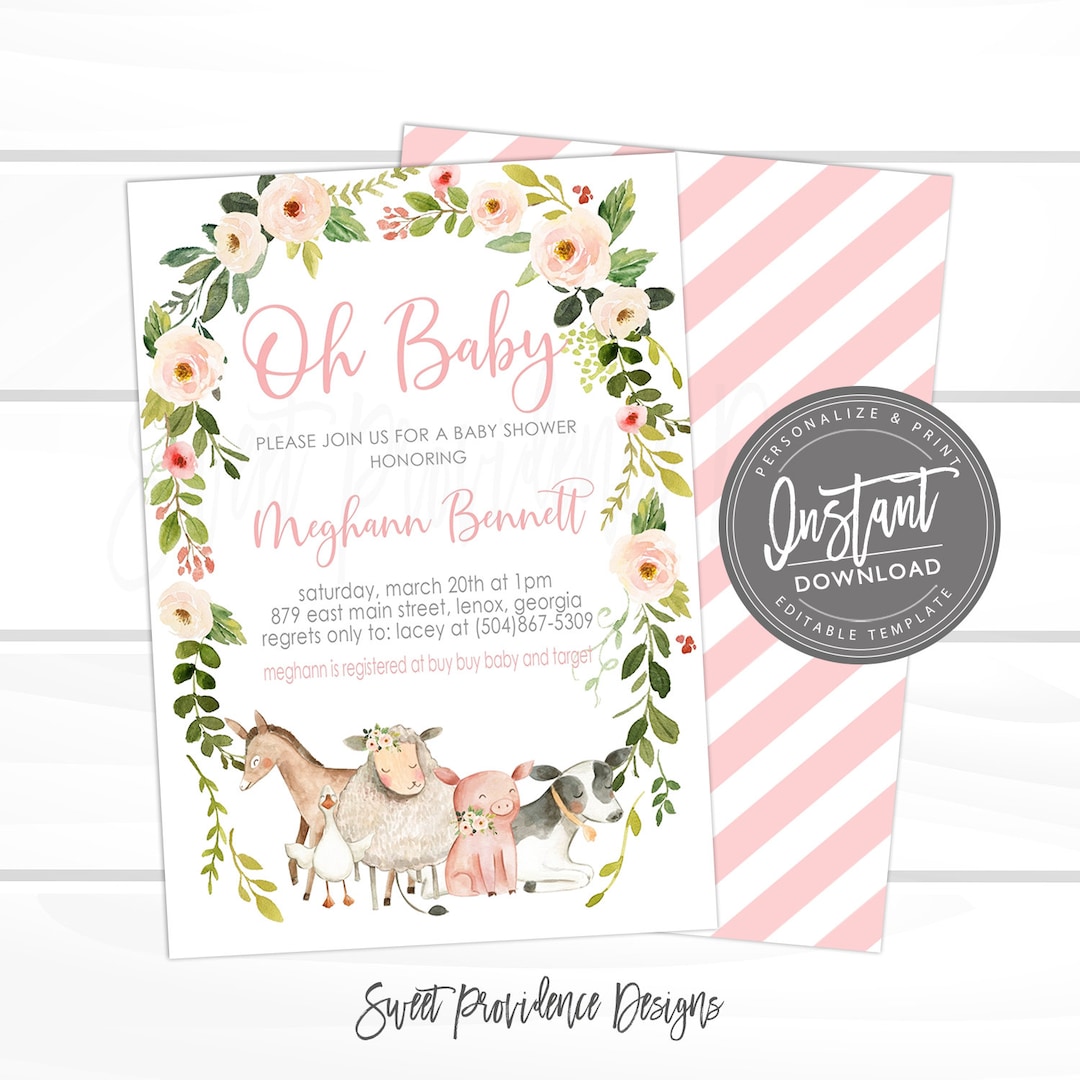 Farm Baby Shower Invitation Set, EDITABLE Gender Neutral Farm Animals ...