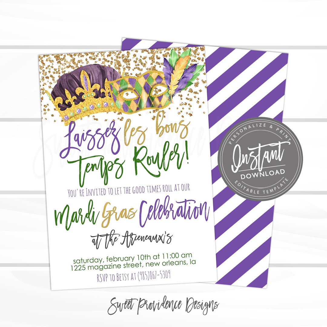 Mardi Gras Invitation, Mardi Gras Celebration, Editable Carnival Party ...